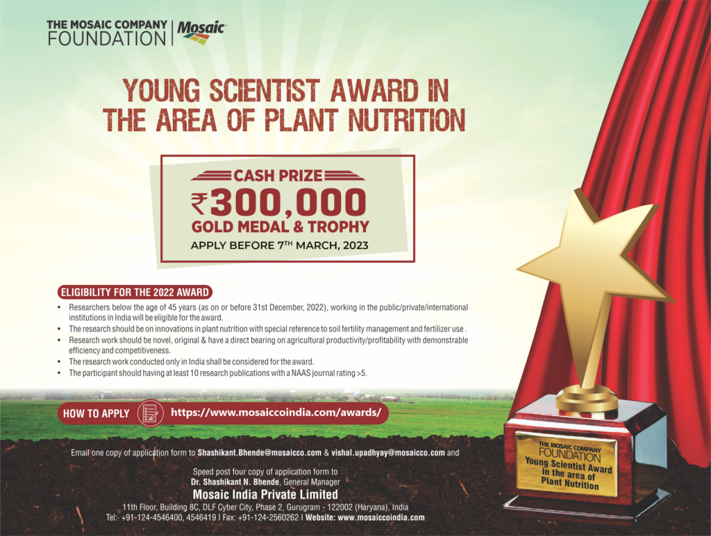Young Scientist Award in the Area of Plant Nutrition - Mosaic India